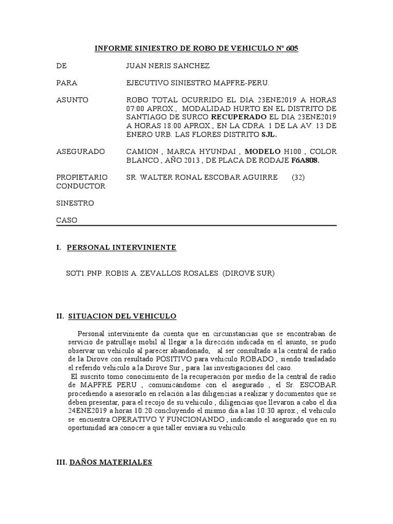Informe Siniestro de Robo de Vehiculo #605 | PDF