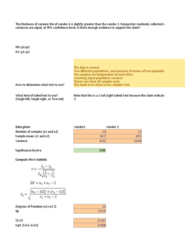 Two Sample T Right Tailed Equal Variance Template | PDF | Null ...