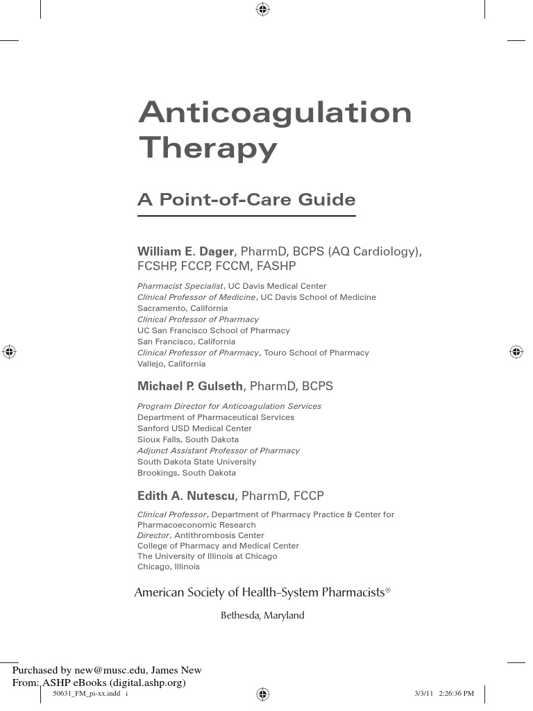 Anticoagulation Therapy - A Point of Care Guide (2011) | PDF ...