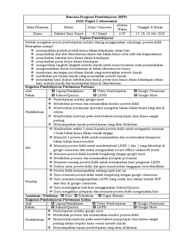 RPP Kimia Kelas X Semester Ganjil | PDF