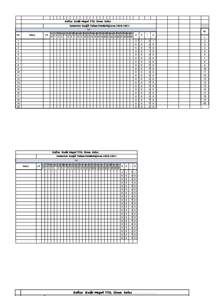 Format Absensi Siswa Kelas TTQ | PDF