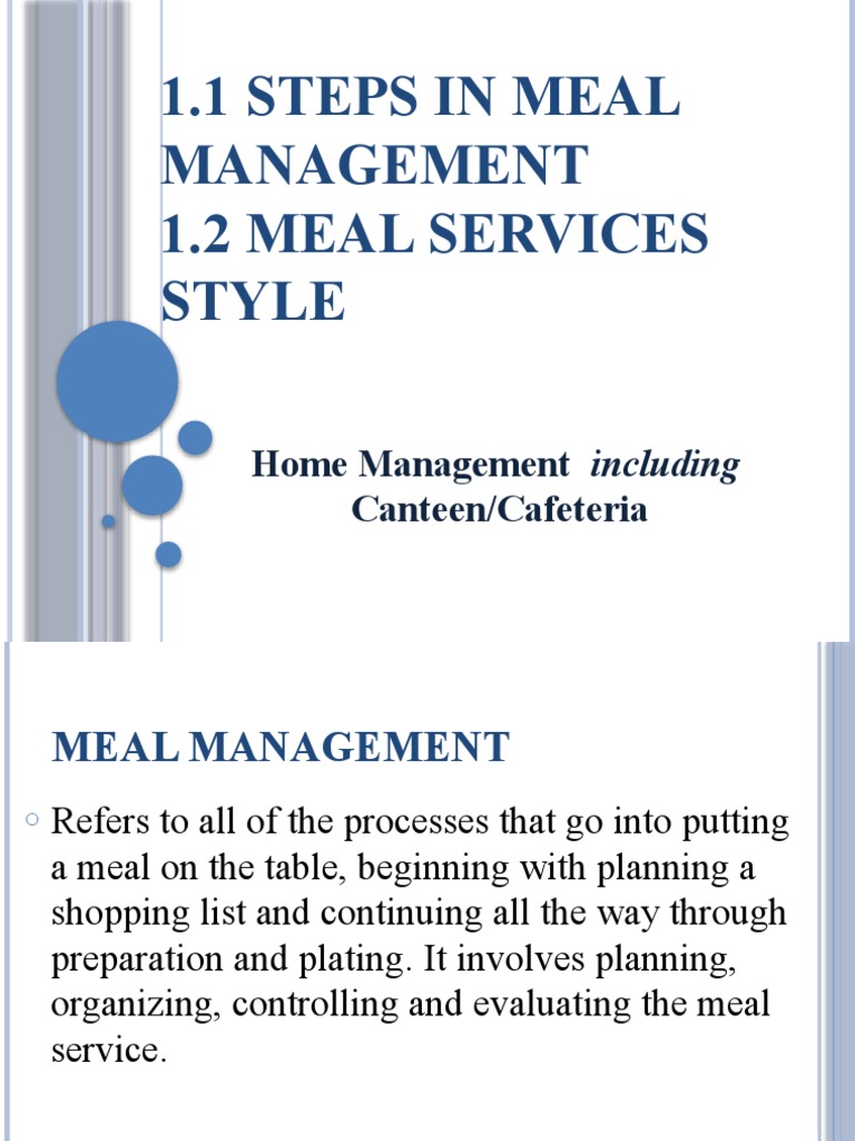 1.1 Steps in Meal Management 1.2 Meal Services Style: Home Management ...