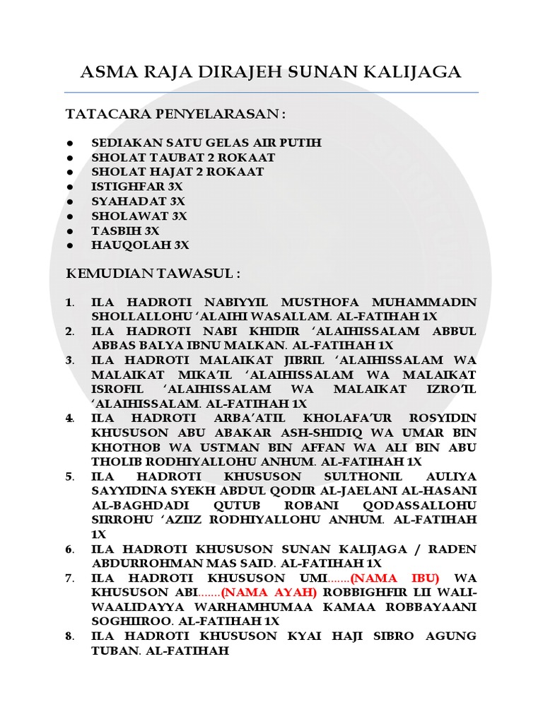 Amalan Asma Raja Dirajeh Sunan Kalijaga | PDF
