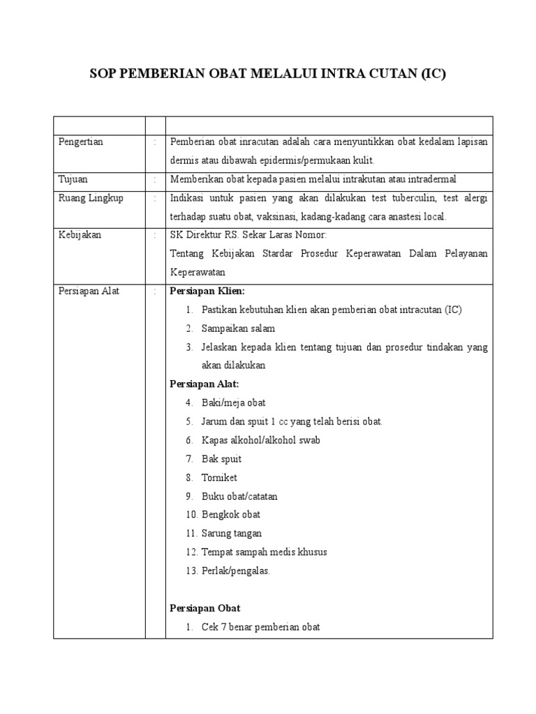 Sop Pemberian Obat Intra Cutan (Ic) | PDF