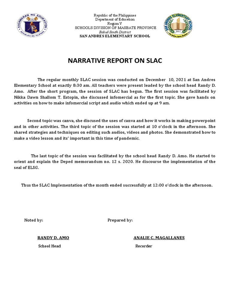 Narrative Report On Slac: San Andres Elementary School | PDF