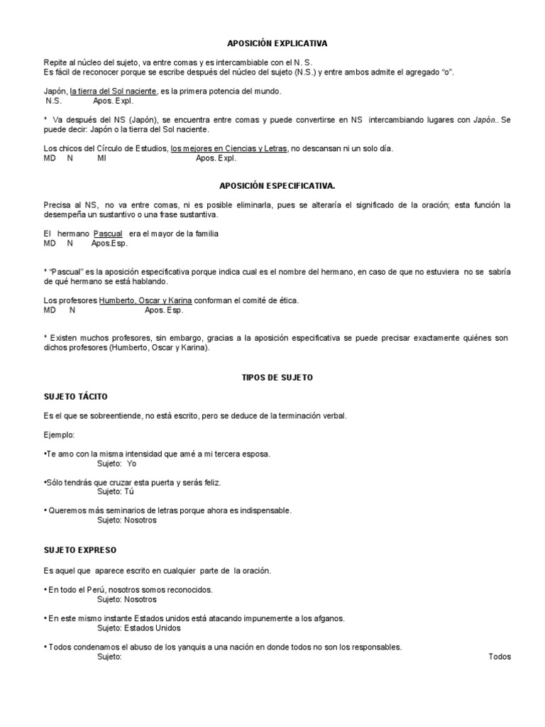 APOSICIÓN EXPLICATIVA - Sujeto | PDF | Asunto (gramática) | Mecánica ...