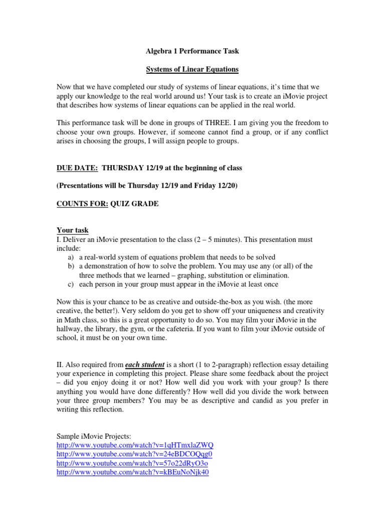 Algebra 1 Performance Task Overview | PDF