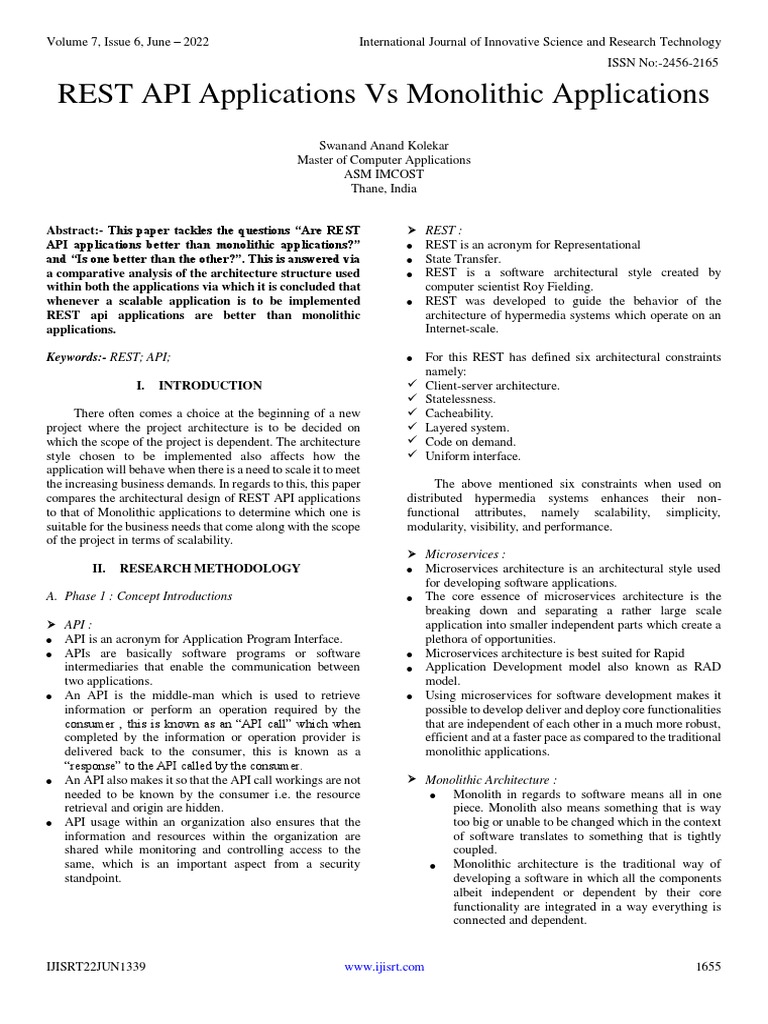 REST API Applications Vs Monolithic Applications | PDF | Representational State Transfer | Databases