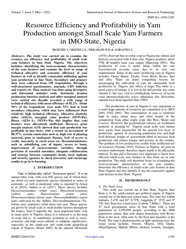Yam Farming Efficiency in Imo State | PDF | Gross Margin | Production ...