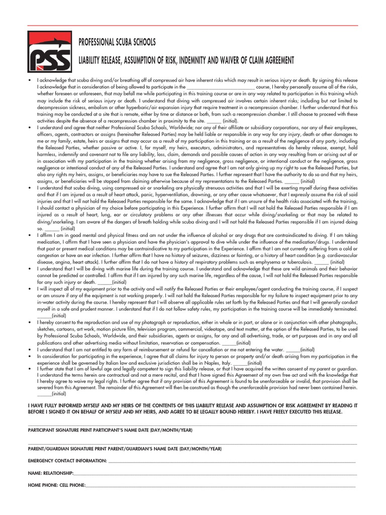 Professional Scuba Schools Liability Release, Assumption of Risk ...