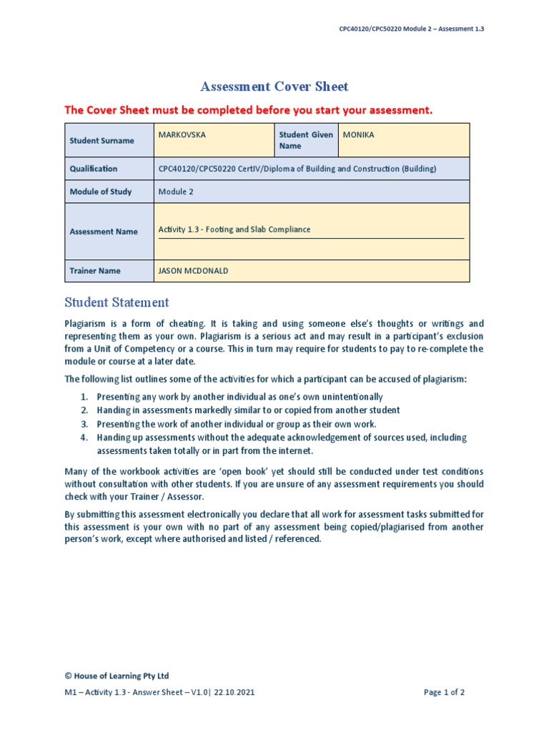 Assessment Cover Sheet: Student Statement | PDF | Plagiarism