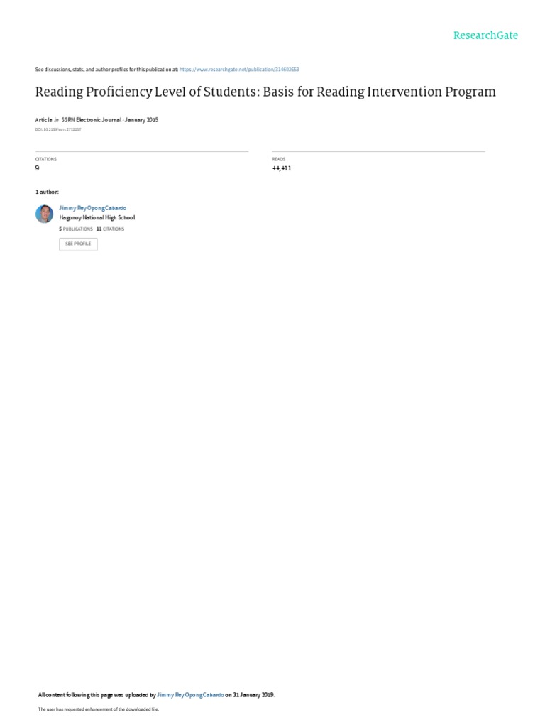 Reading Proficiency Level of Students: Basis For Reading Intervention ...