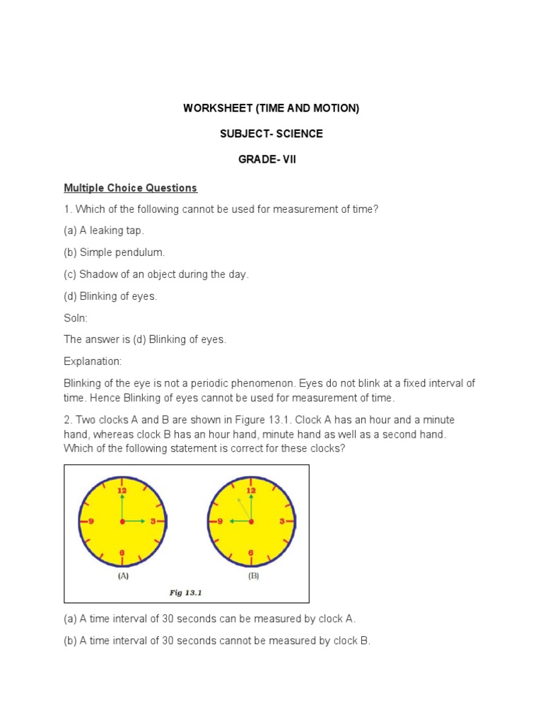 Grade 7 Time and Motion Worksheet | PDF | Speed | Clock