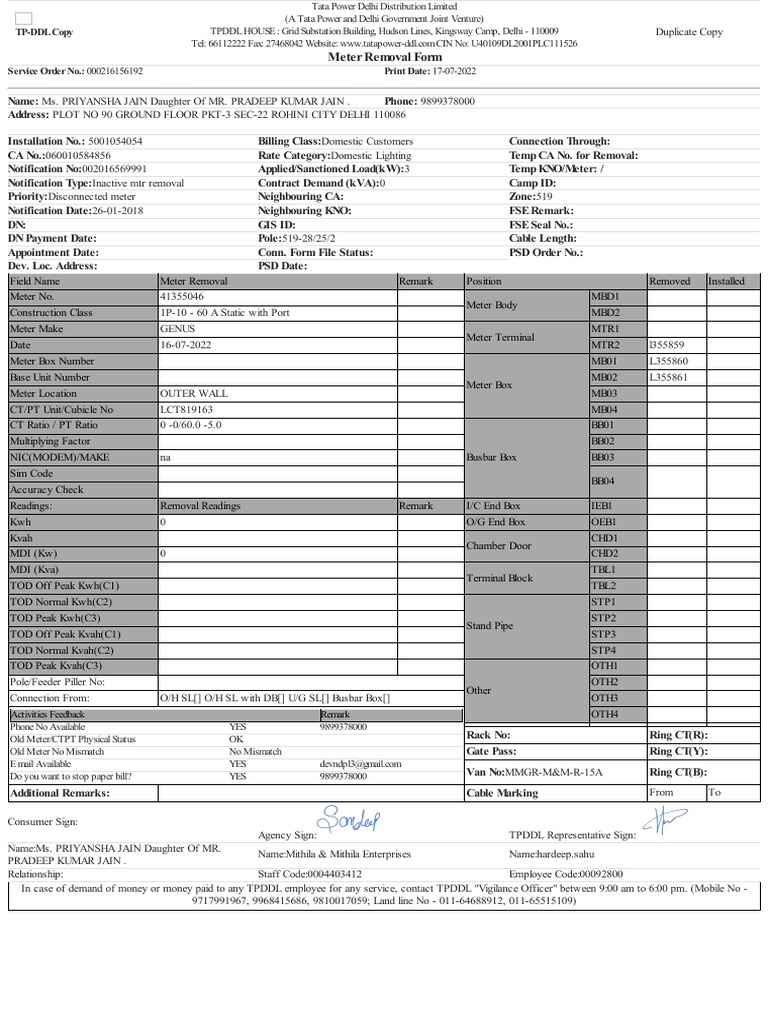 Meter Removal Form: TP-DDL | PDF | Electrical Engineering | Electricity