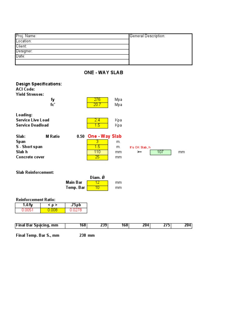 One - Way Slab: Design Specifications | PDF