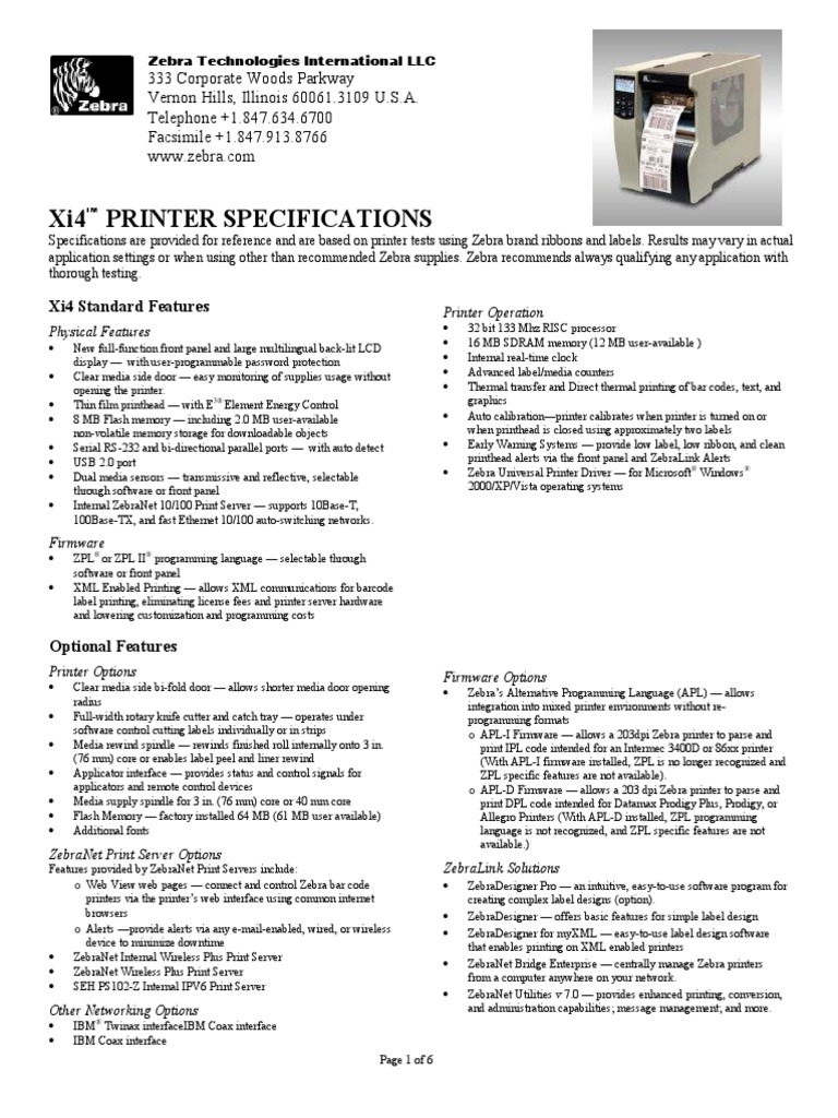 Xi4 Printer Specifications | PDF | Computer Network | Printer (Computing)
