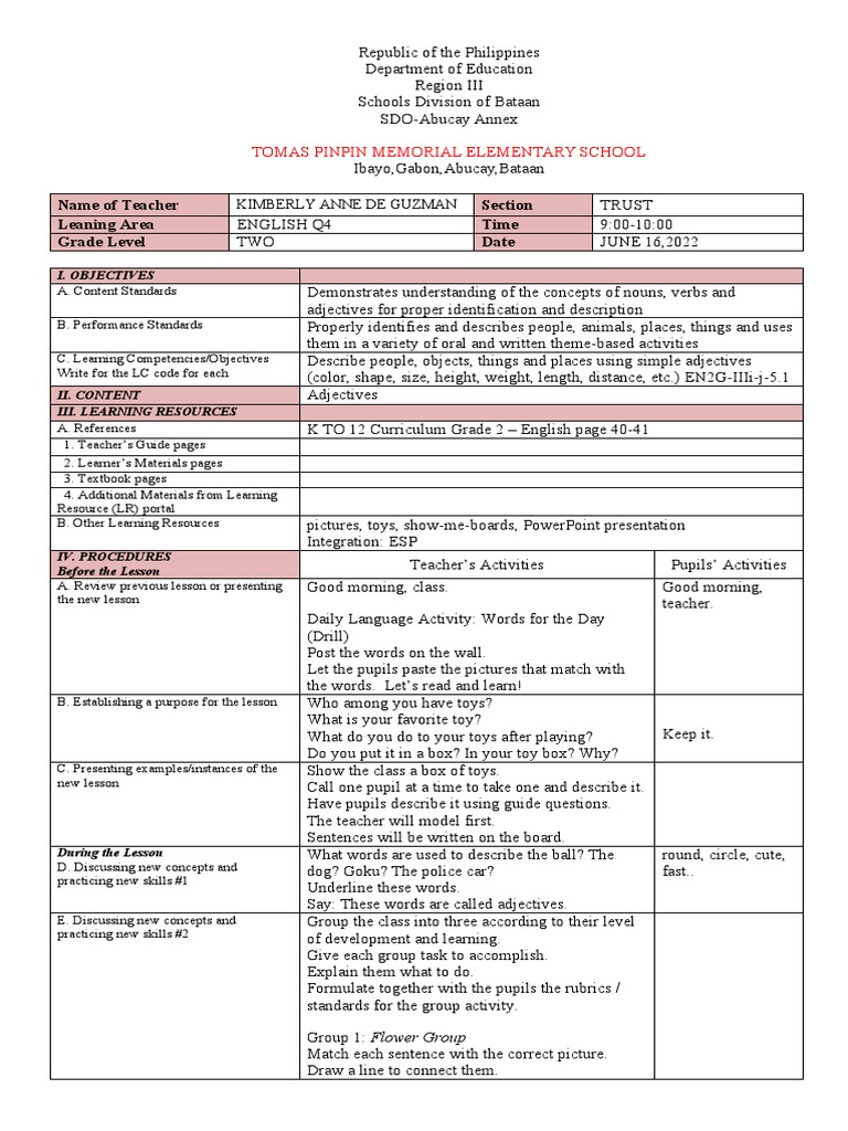Grade 2 English Lesson Plan: Adjectives | PDF | Teachers | English Language