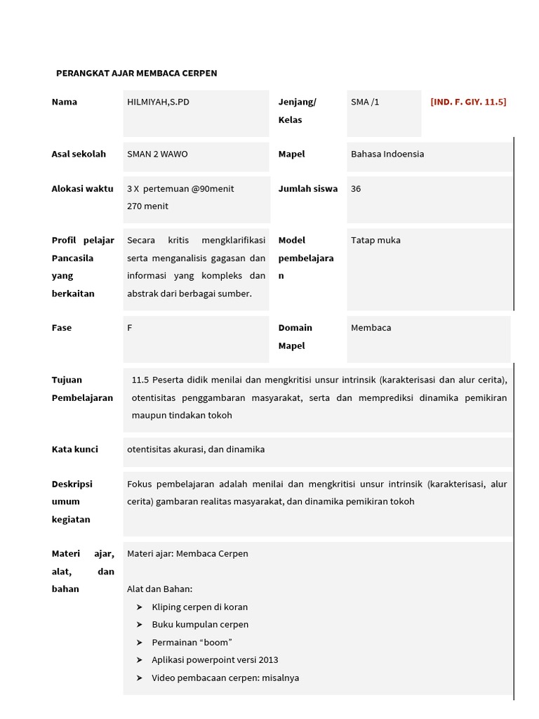 RPP Bindo X Cerpen K.merdeka | PDF