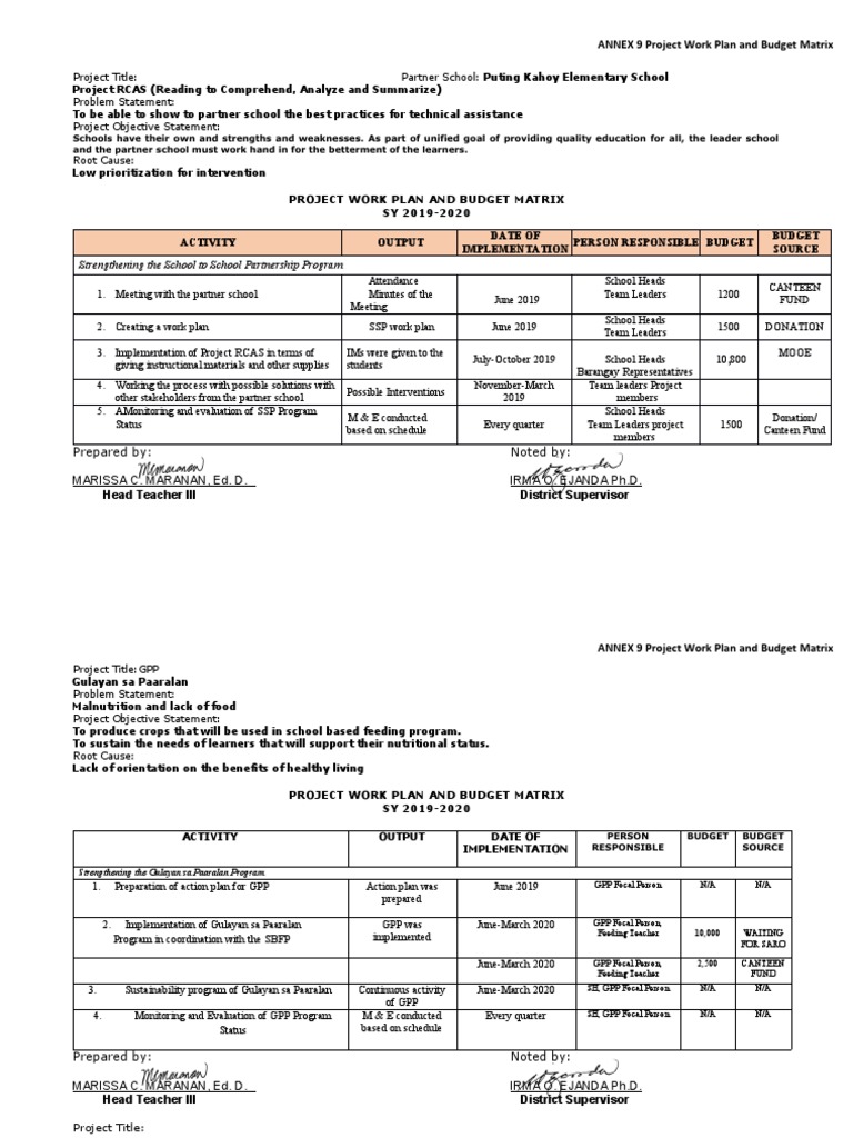 SIP Annex 9 - Project-Work-Plan-and-Budget-Matrix | PDF | Teachers | Cognition