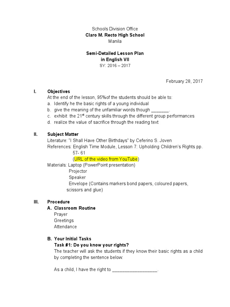 English VII Lesson Plan on Rights | PDF | Lesson Plan