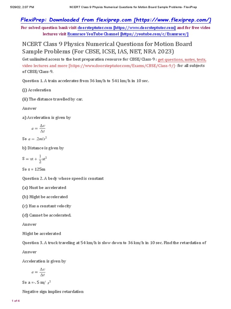 NCERT Class 9 Physics Numerical Questions For Motion CBSE Board Sample ...