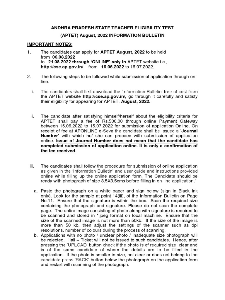 APTET August 2022 Information Bulletin | PDF | Multiple Choice