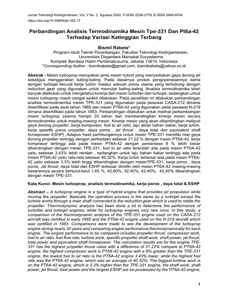 Analisis Termodinamika Mesin TPE-331 & PT6A-42 | PDF | Teknologi & Rekayasa