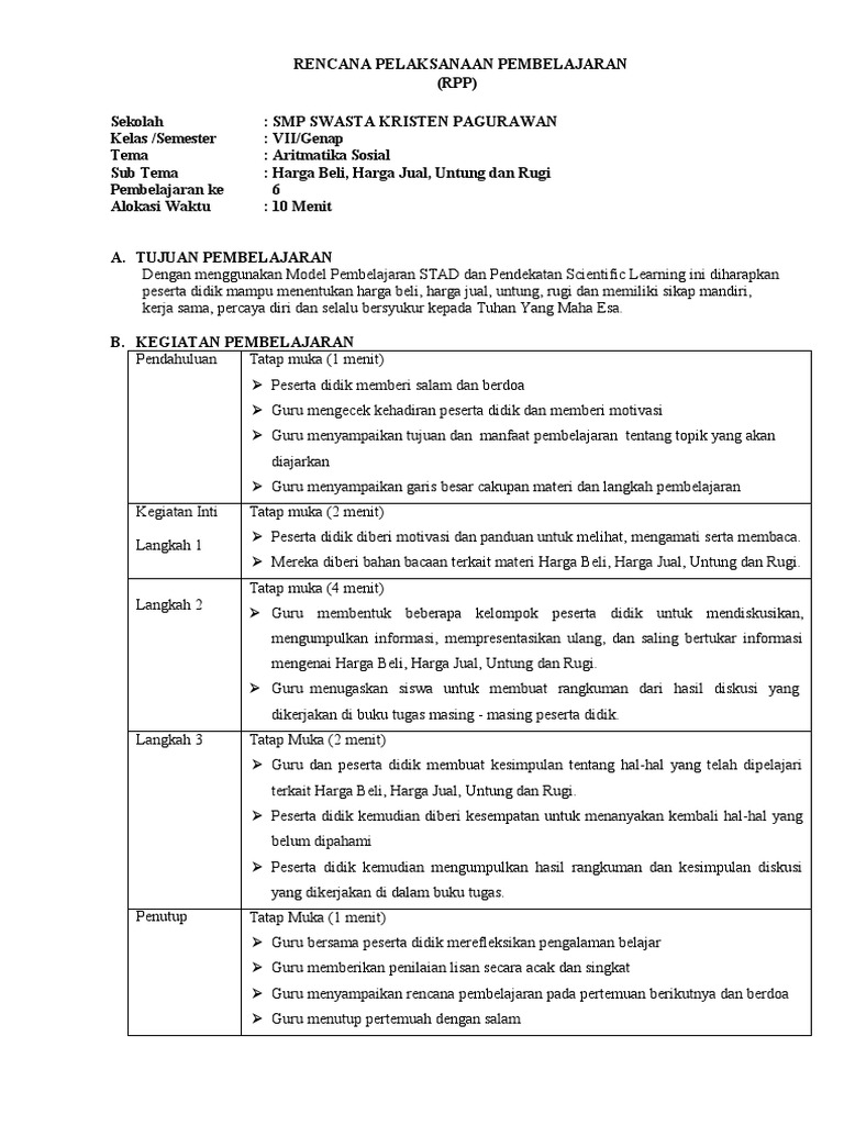 RPP Aritmatika Sosial 1 Kali Pertemuan | PDF