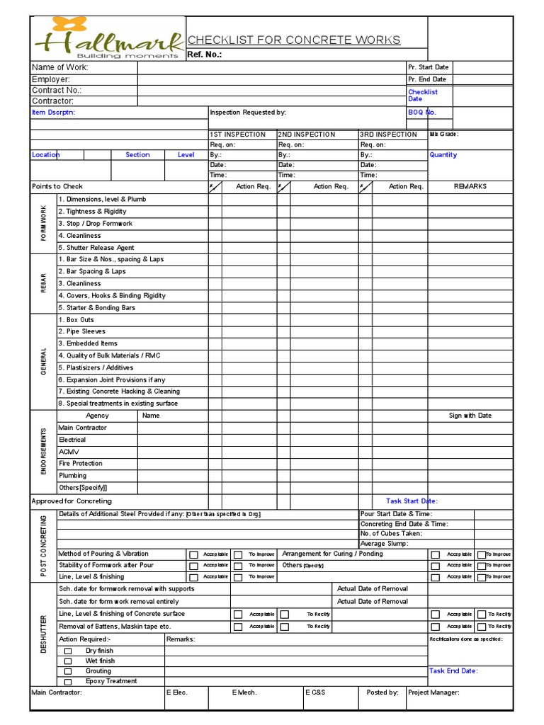 Concrete Works Inspection Checklist | PDF | Concrete | Building