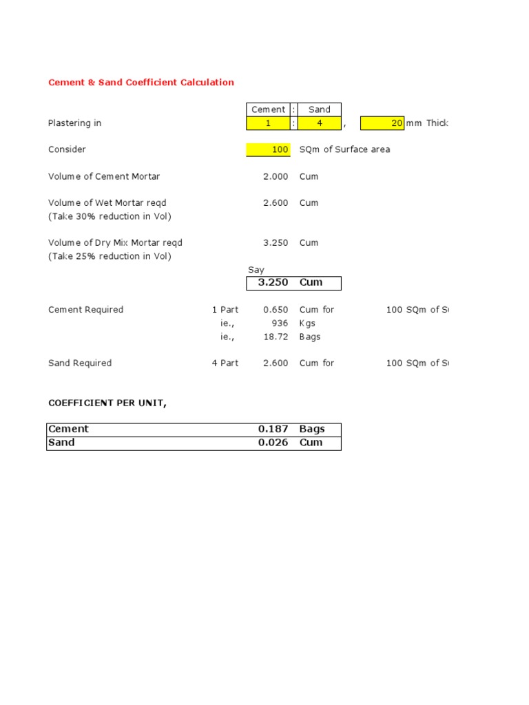 Cement & Sand Coefficient Calculation | PDF | Materials | Concrete