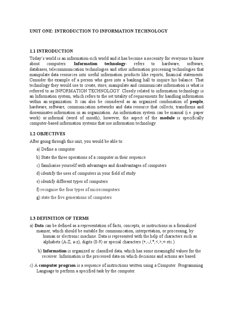 Unit One Introduction To Information Technology | PDF | Personal Computers | Macintosh