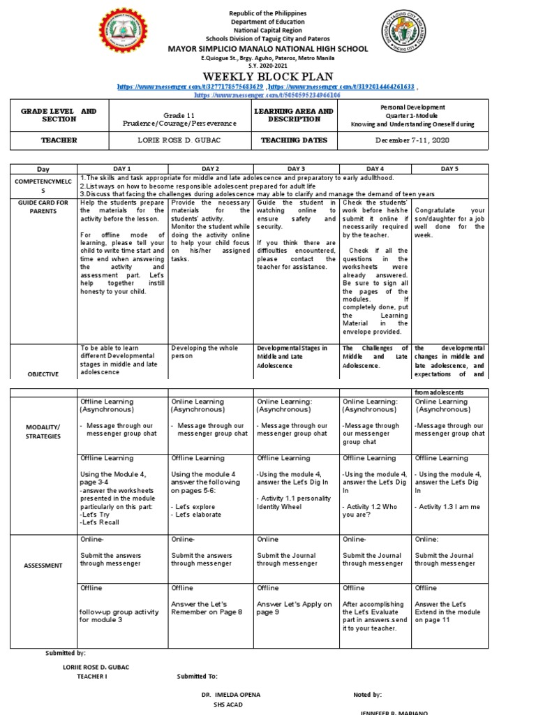 Weekly Block Plan: Mayor Simplicio Manalo National High School | PDF ...