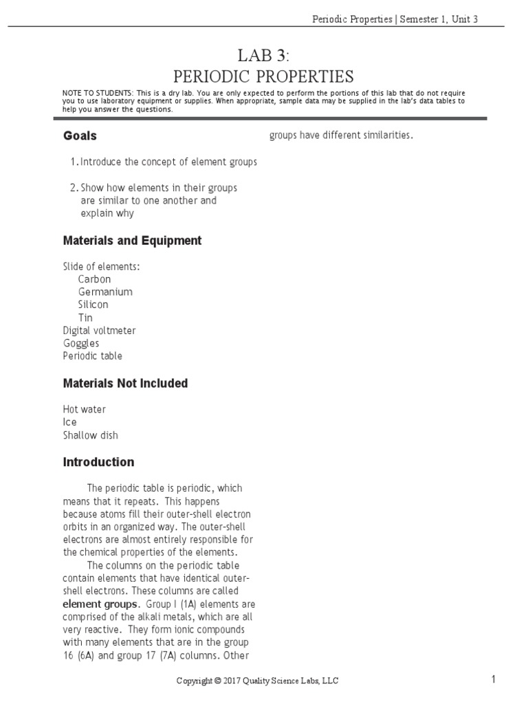LAB 3: Periodic Properties: Goals | PDF | Periodic Table | Ductility