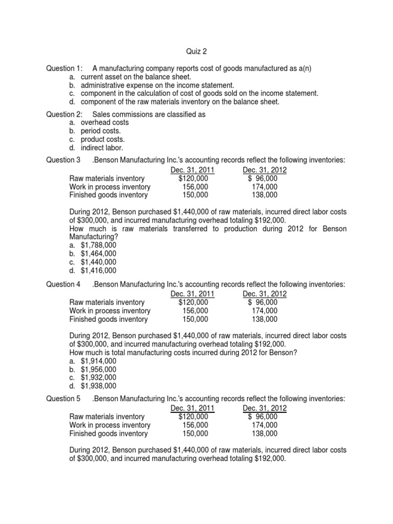 Accounting - Quiz | PDF | Debits And Credits | Inventory