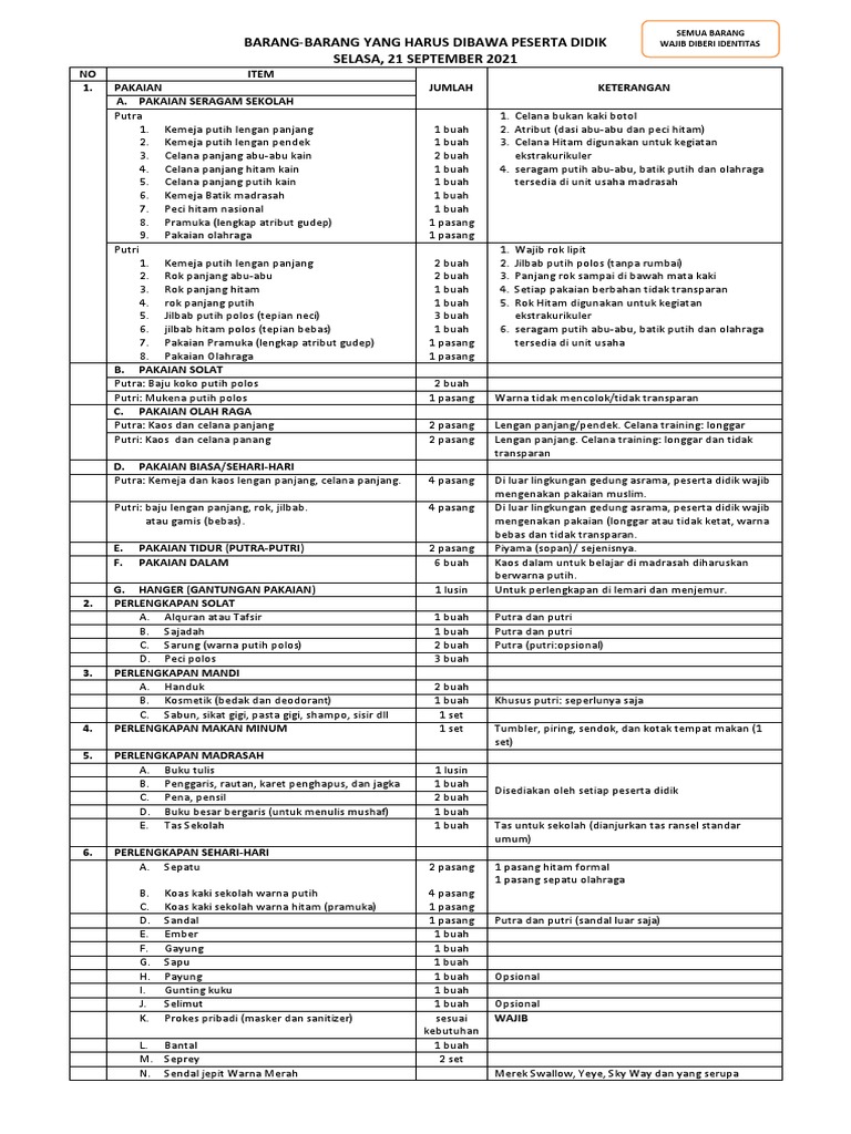Barang-Barang Siswa Masuk Madrasah | PDF
