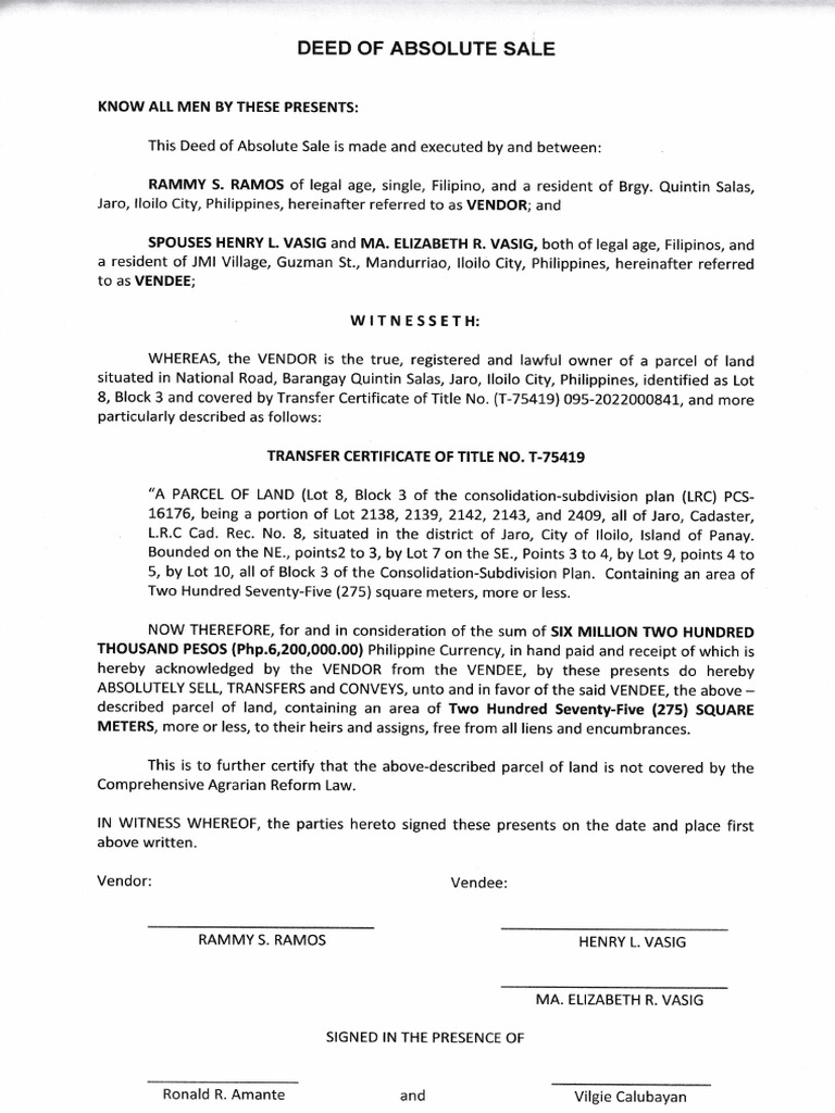 Draft Deed of Absolute Sales | PDF | Civil Law (Common Law) | Land Law