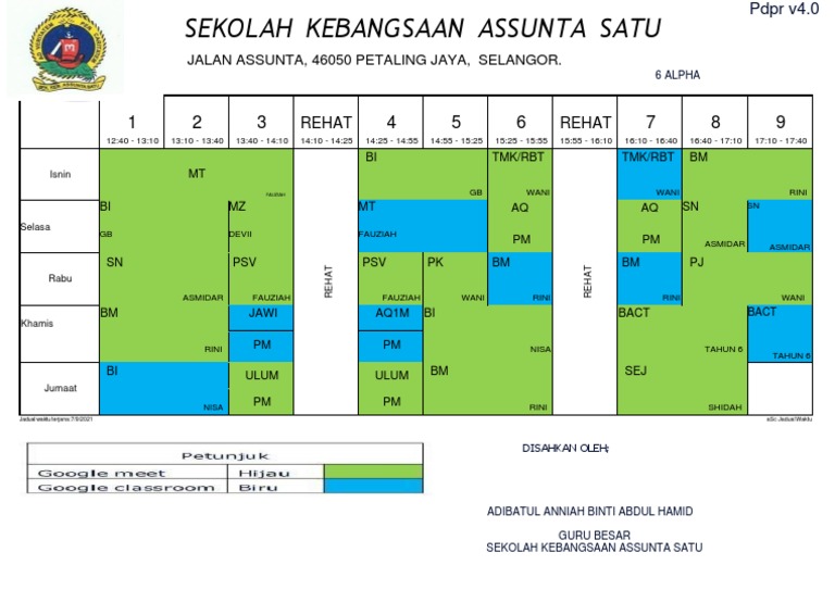 Jadual Kelas Tahun 6 Alpha | PDF