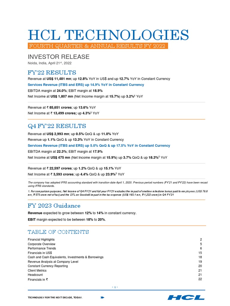 HCL Tech Q4 FY22 Investor Release | PDF | Cloud Computing | Revenue