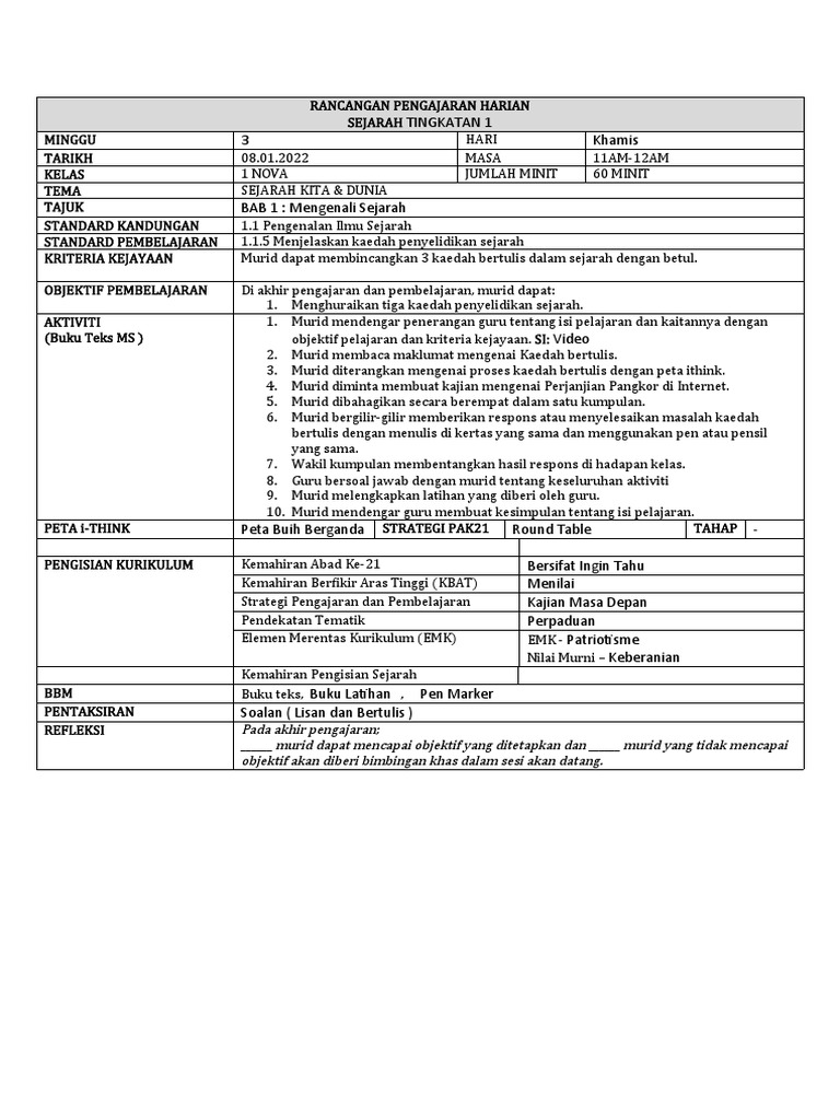 RPH Sejarah Tingkatan 1 Bab 1 | PDF