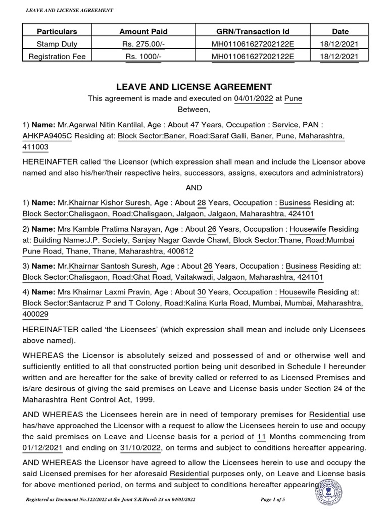 LEAVE LICENSE AGREEMENT | PDF | License | Property Law