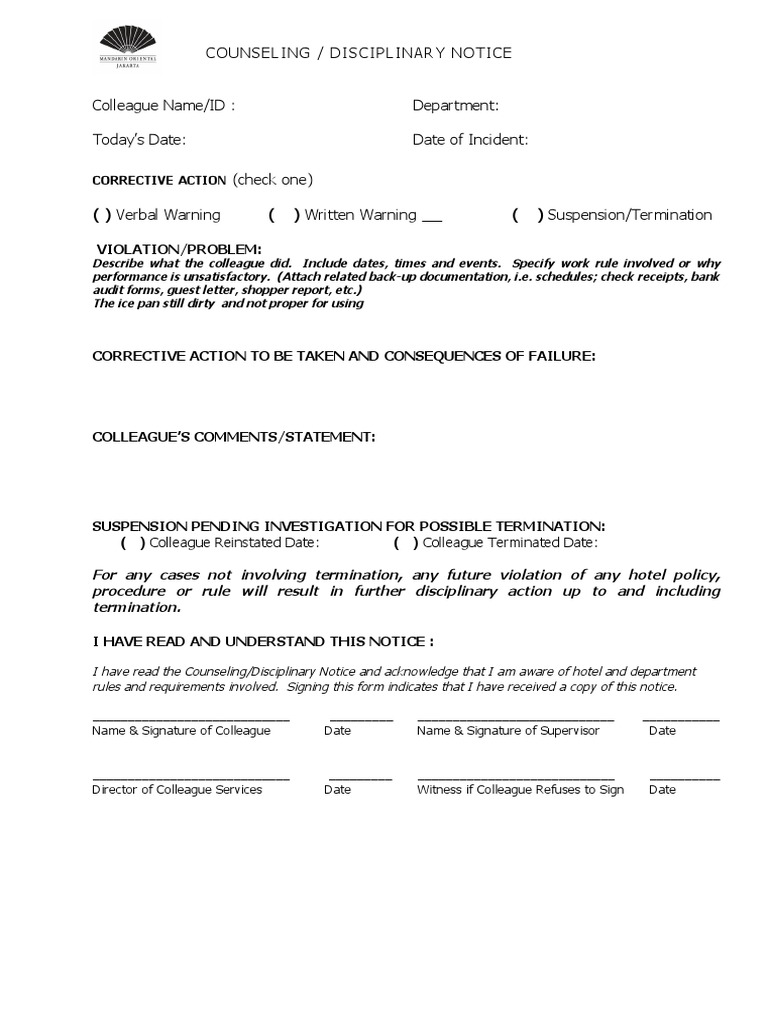 Counseling and Disciplinary Notice | PDF