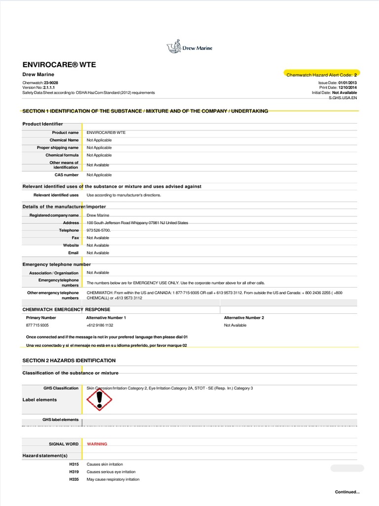 Envirocare Wte Msds | PDF | Chloride | Firefighting
