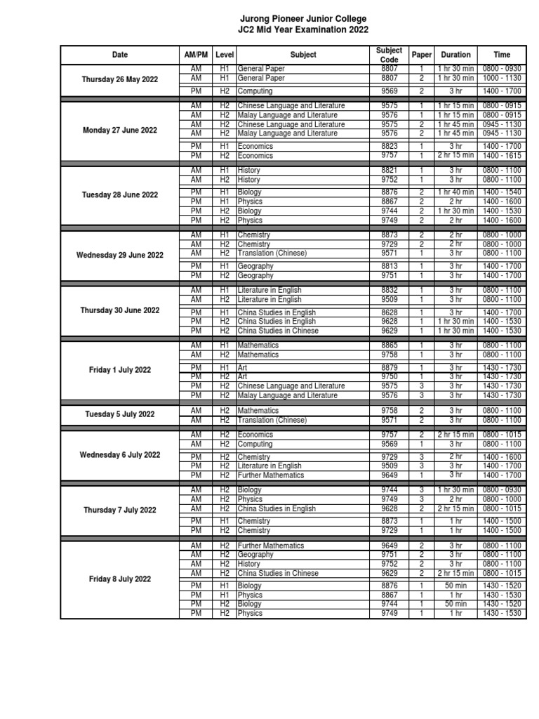 2022 JC2 Mid Year Exam Timetable (Final) | PDF