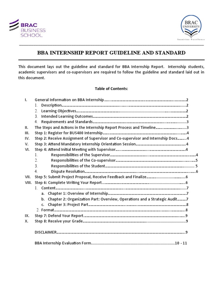 Bba Internship Report Guideline and Standard: Table of Contents | PDF ...
