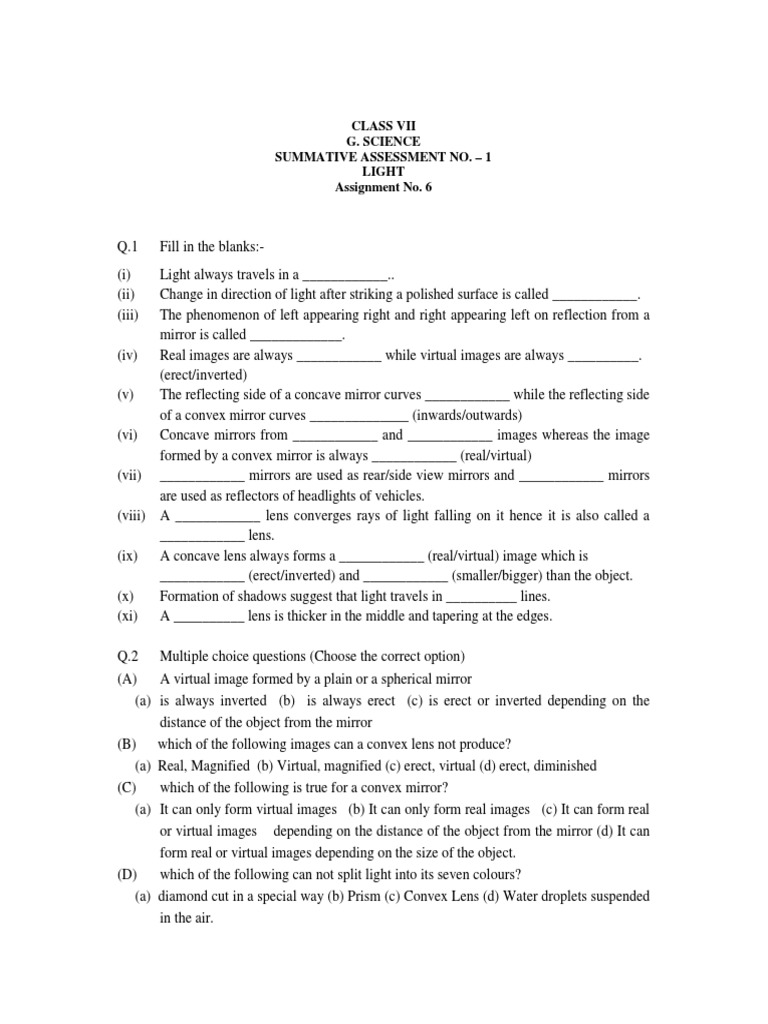 CBSE Class 7 Science Worksheet (6) - 0 | PDF | Mirror | Electromagnetic ...