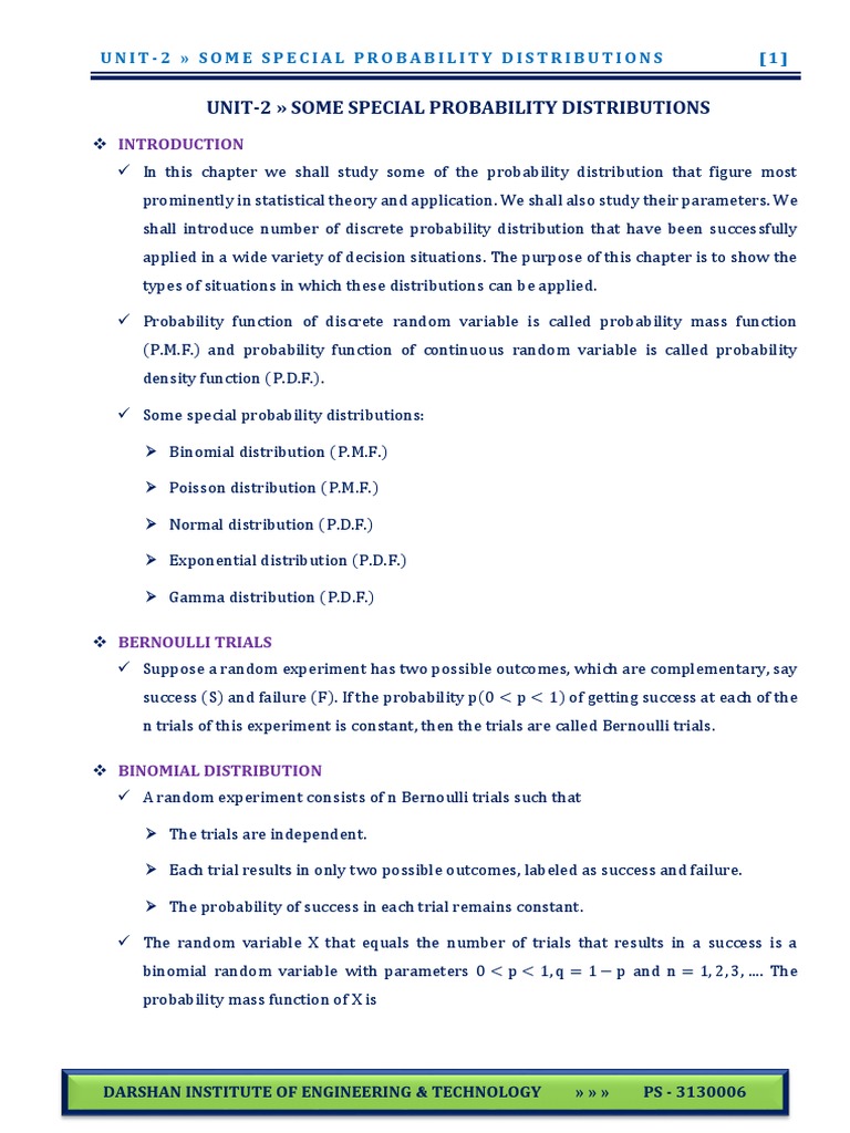 Unit-2 Some Special Probability Distributions | PDF | Probability ...