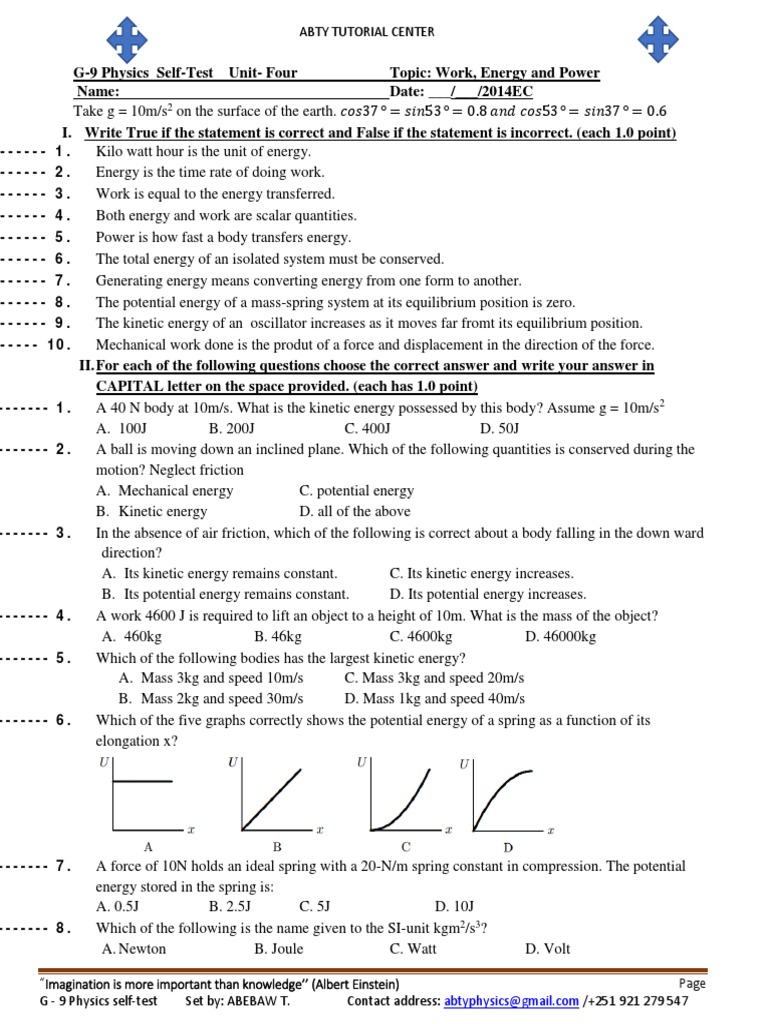 G9 Physics Self-Test: Work, Energy, Power | PDF | Force | Kinetic Energy