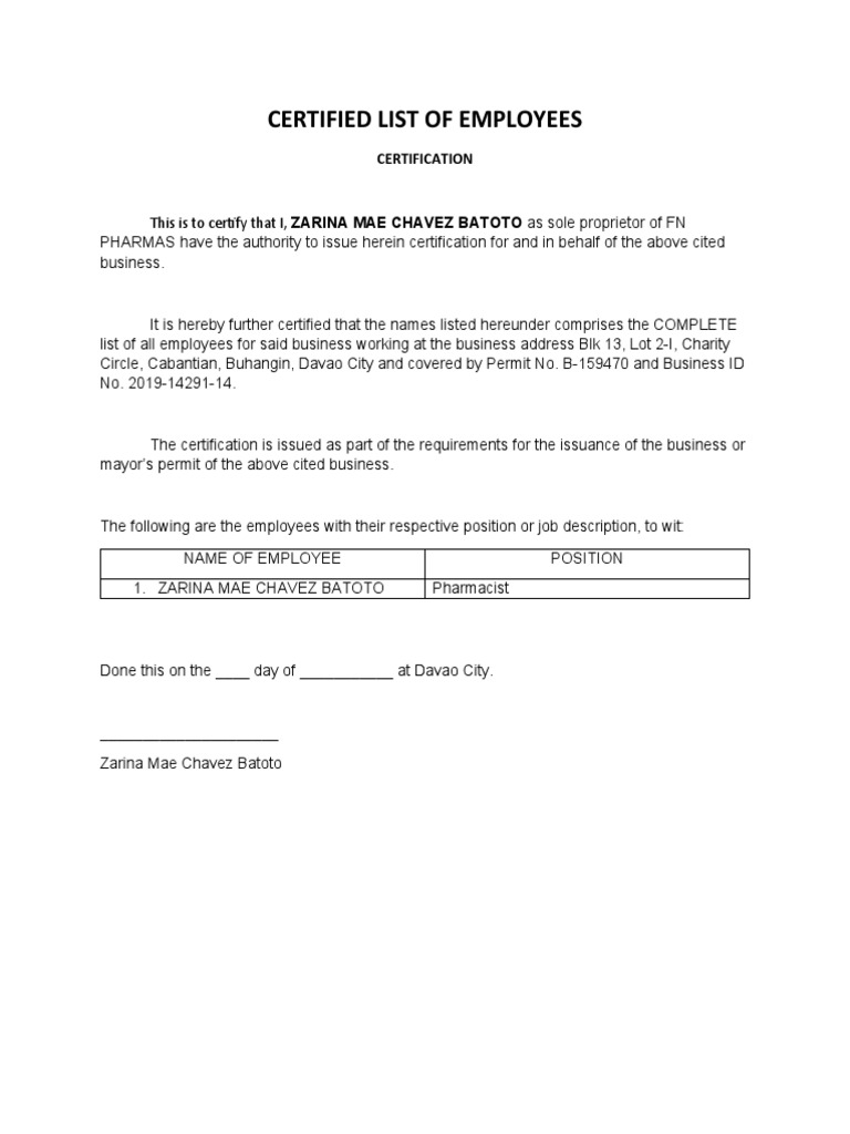 Certified List of Employees: Certification | PDF | Business