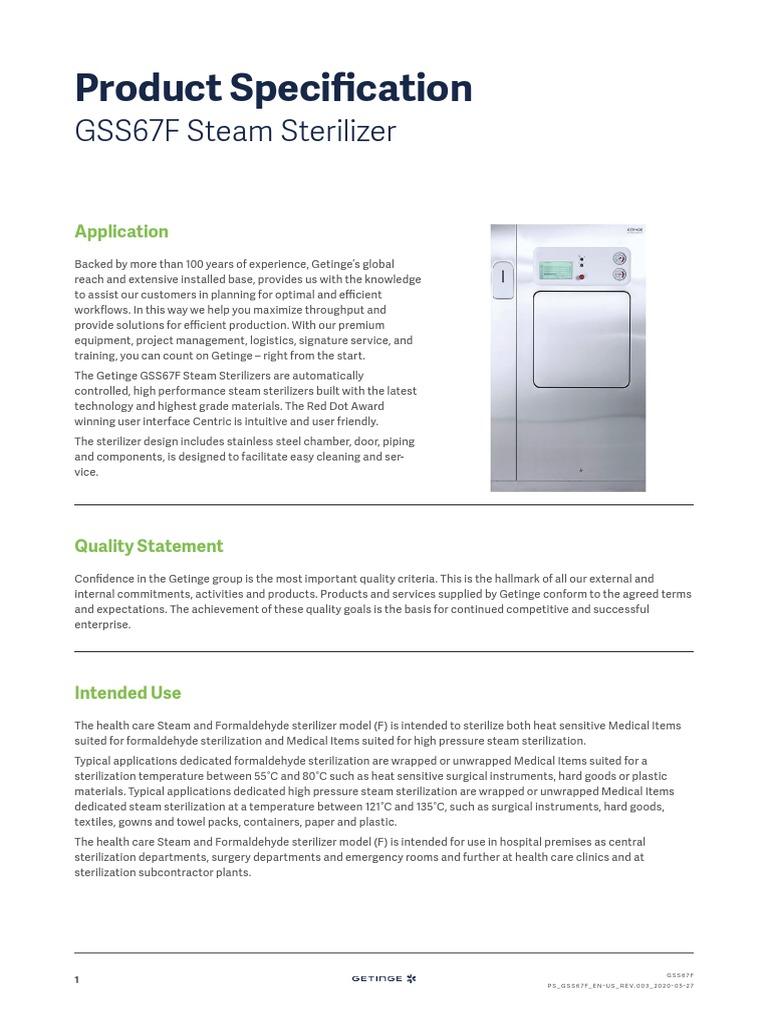 Getinge GSS67F Product Specification | PDF | Sterilization (Microbiology) | Ventilation ...
