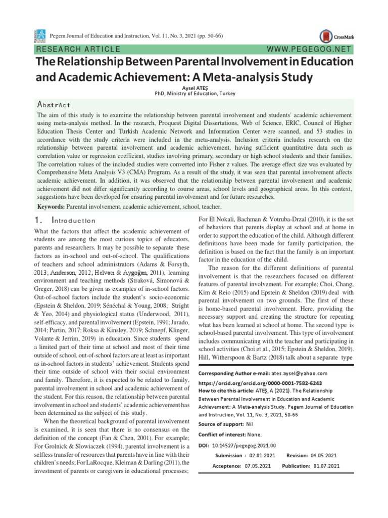 The Relationship Between Parental Involvement in Education and Academic Achievement: A Meta ...
